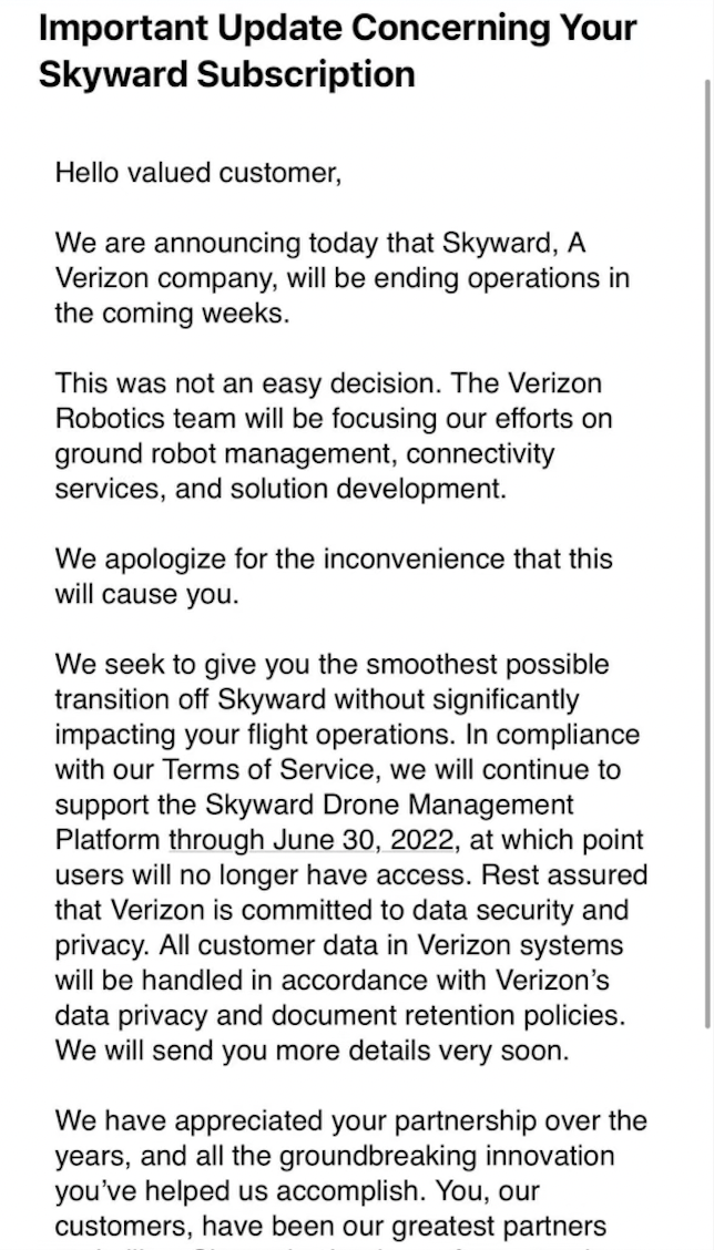Verizon is closing its Skyward drone management company